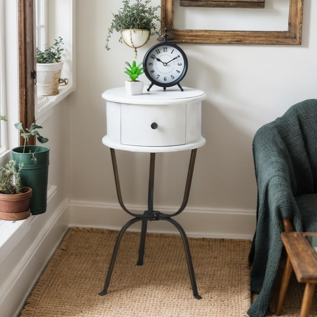Round End Table, Wood Side Table with Metal Legs, Nightstand with ...