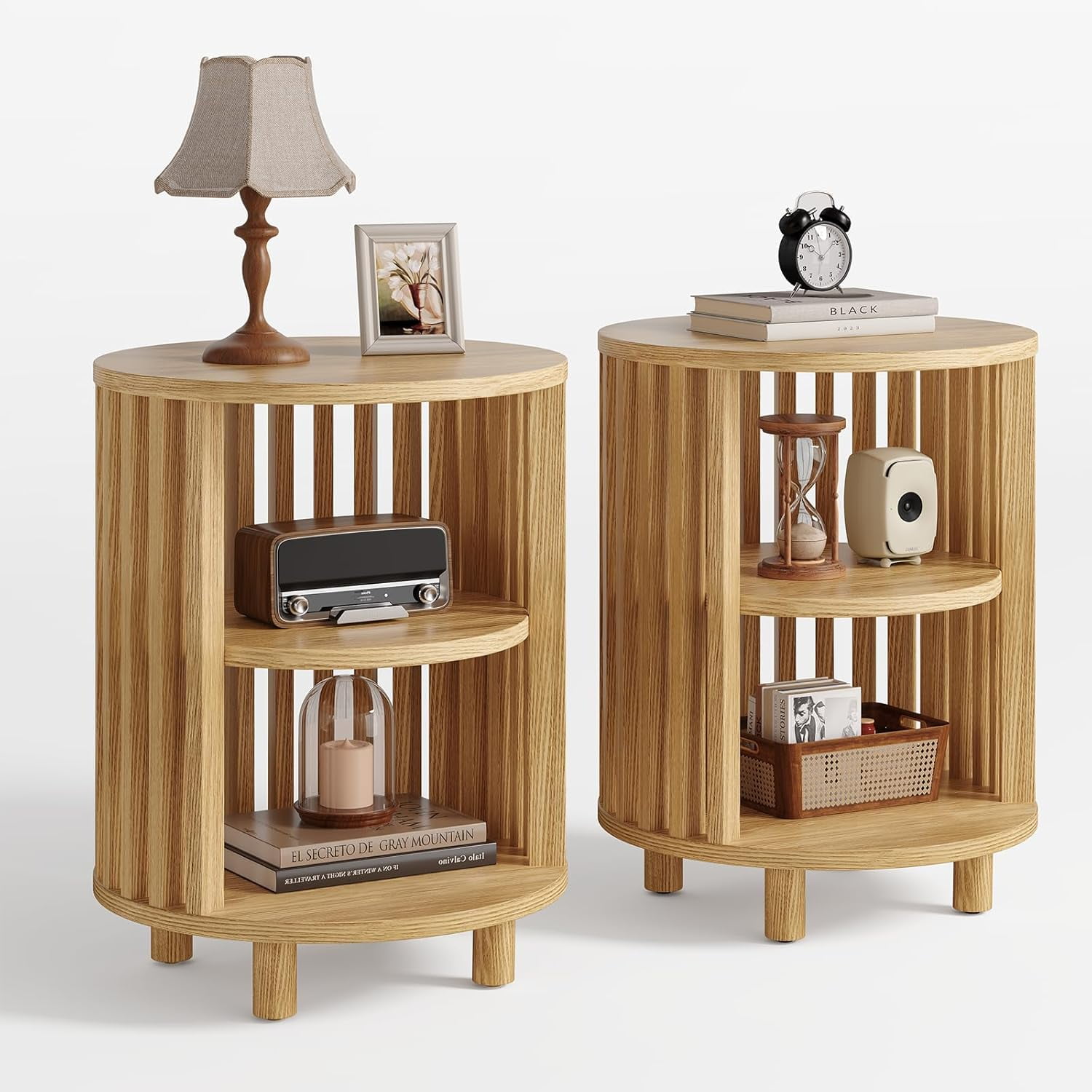 Round End Table, Wood Side Tables, Mid Century Modern Nightstand with 2 ...