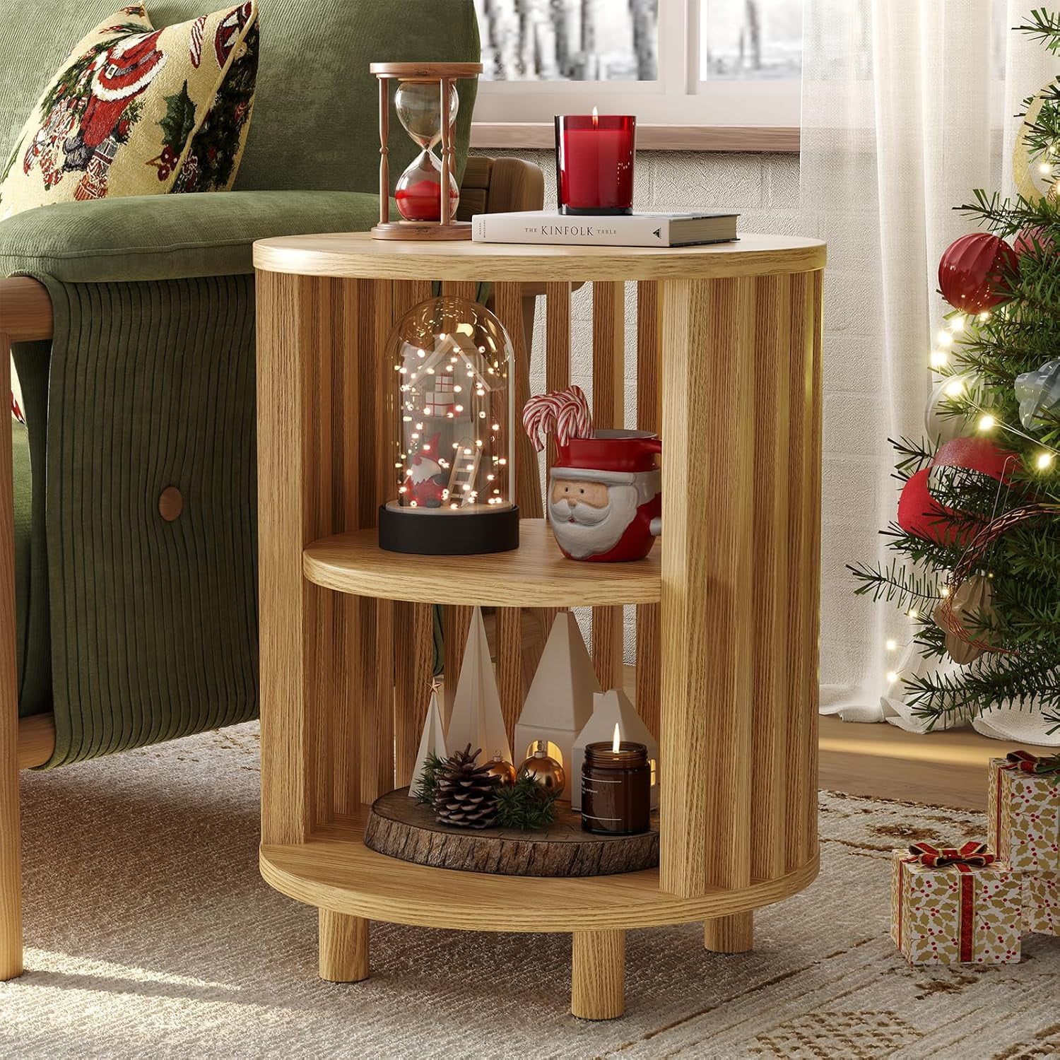 Round End Table, Wood Side Tables, Mid Century Modern Nightstand with 2 ...