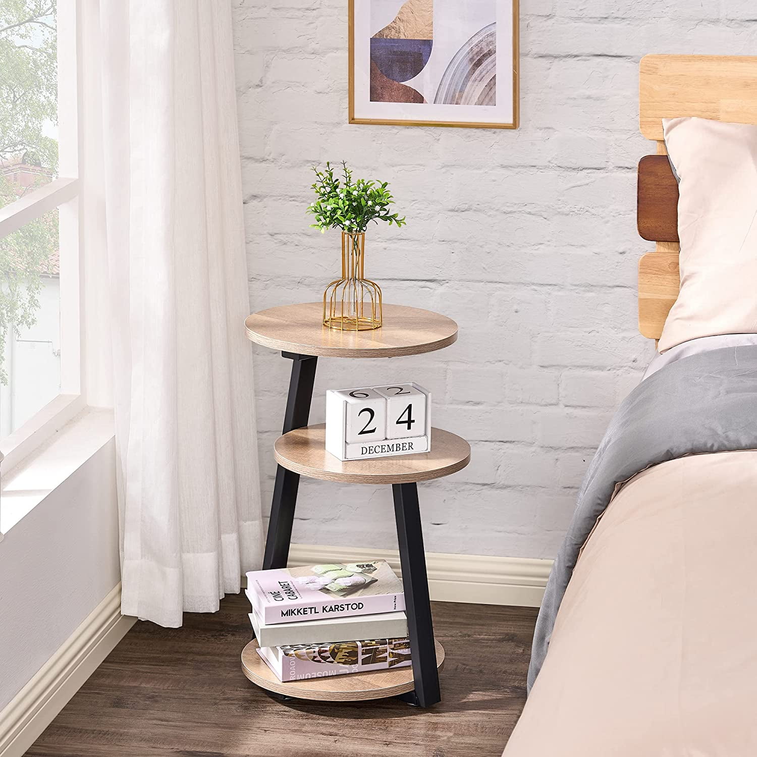 Round End Table with 3-Tier Shelves, Metal Frame Accent Table for ...