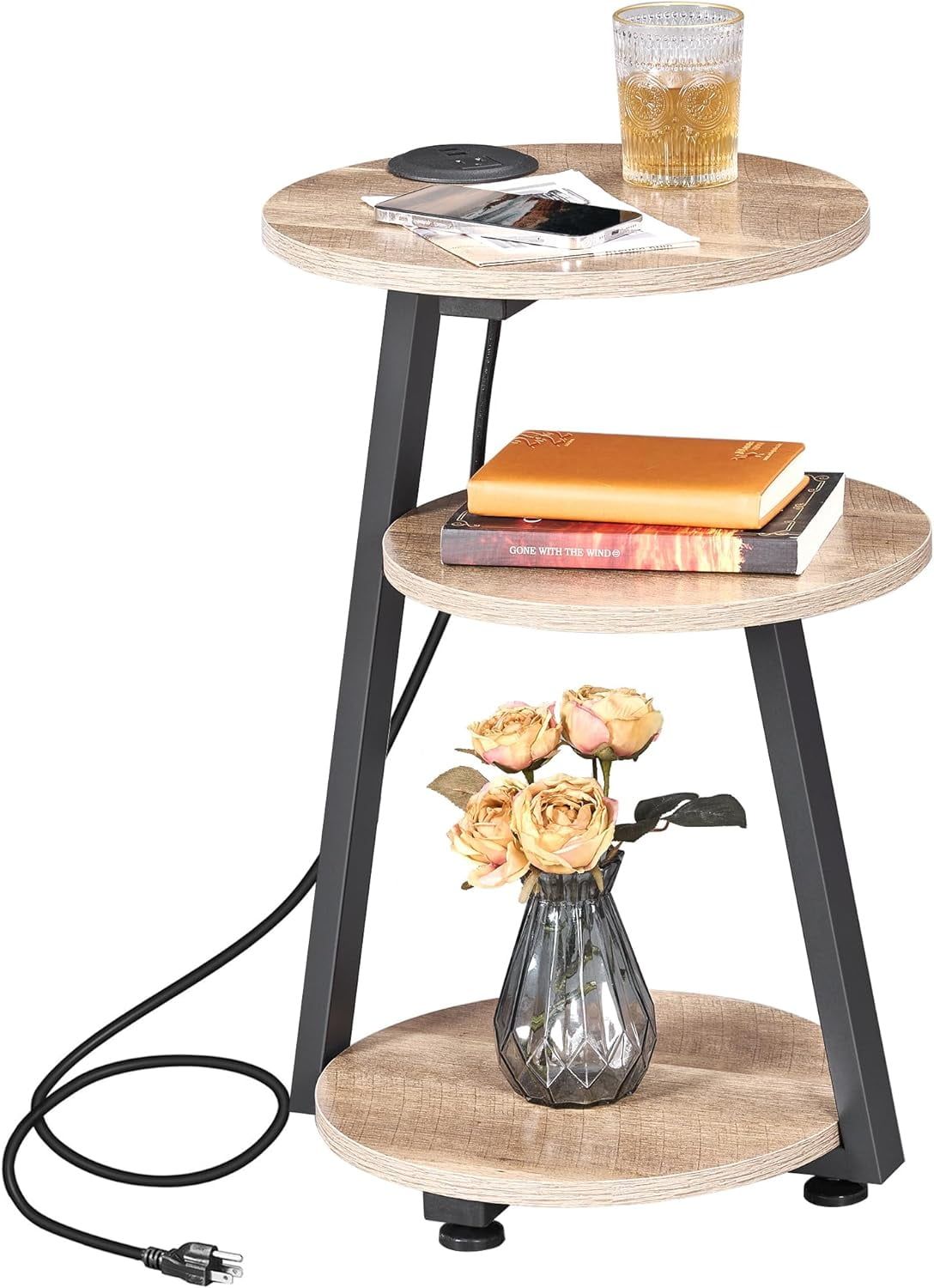 Round End Table with Charging Station, Side Accent Table with 3-Tier ...