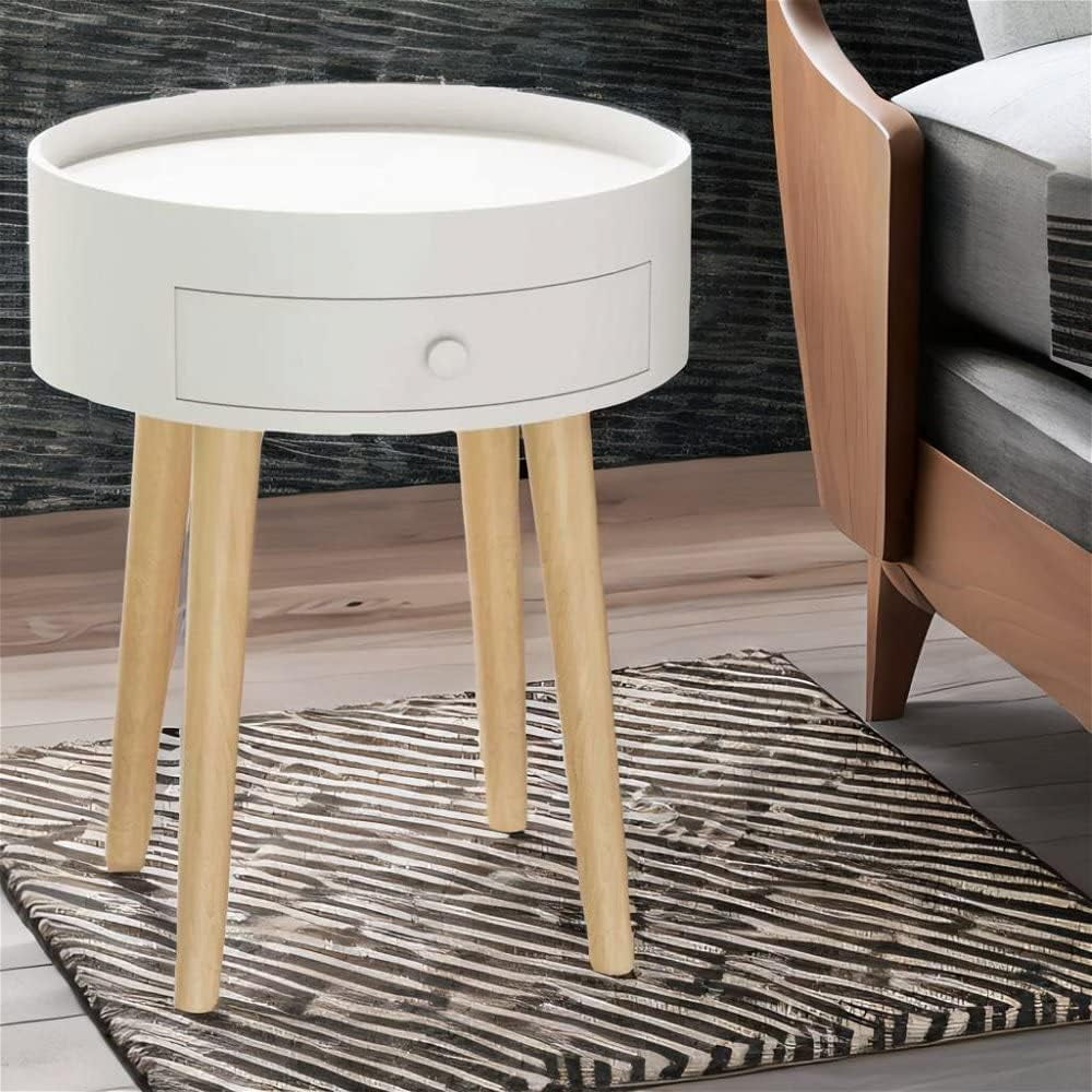 Round End Table with Drawer White Sofa Side Coffee Table for Living ...