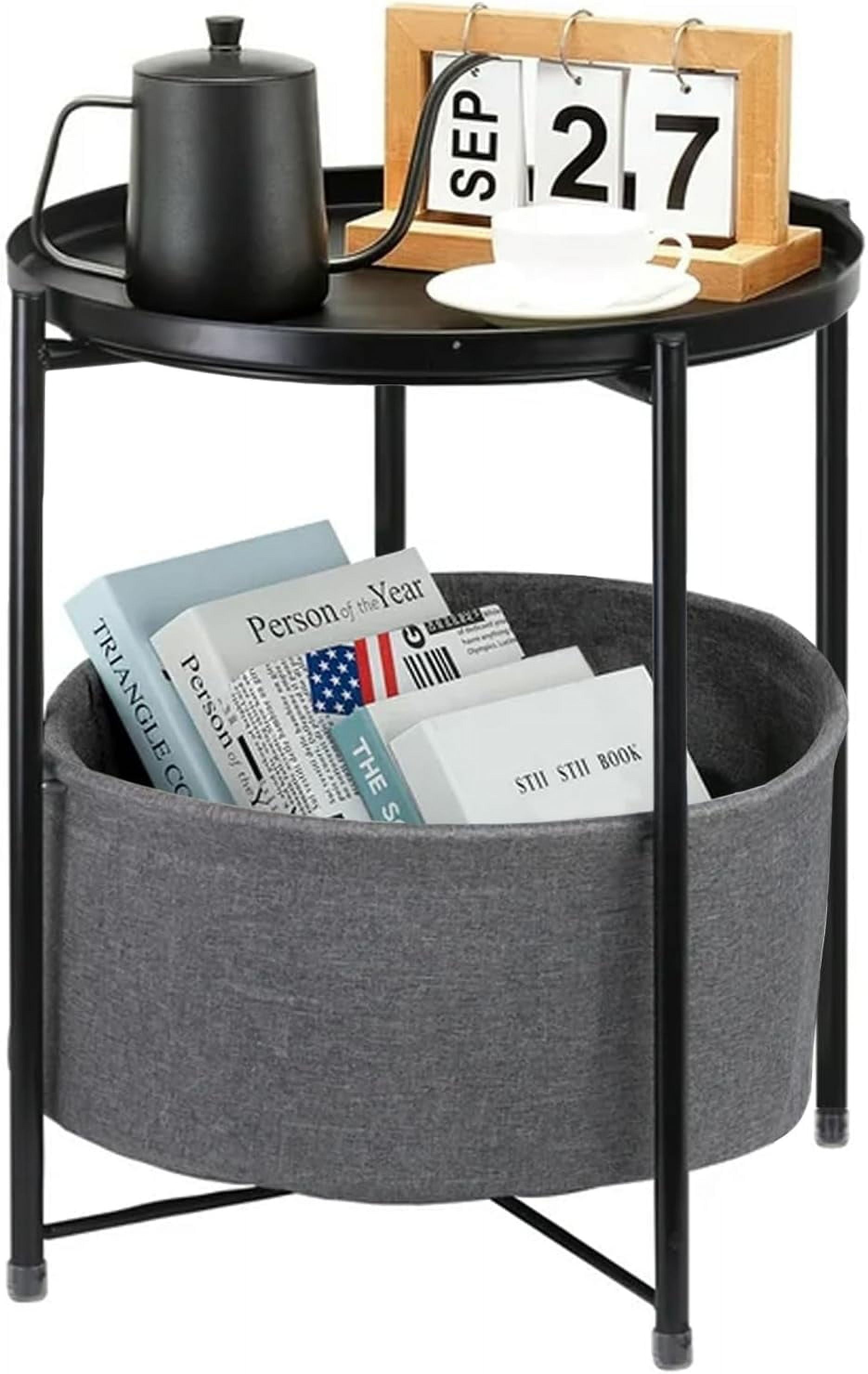 Round End Tables with Storage Basket, Metal Side Table Nightstand Small ...