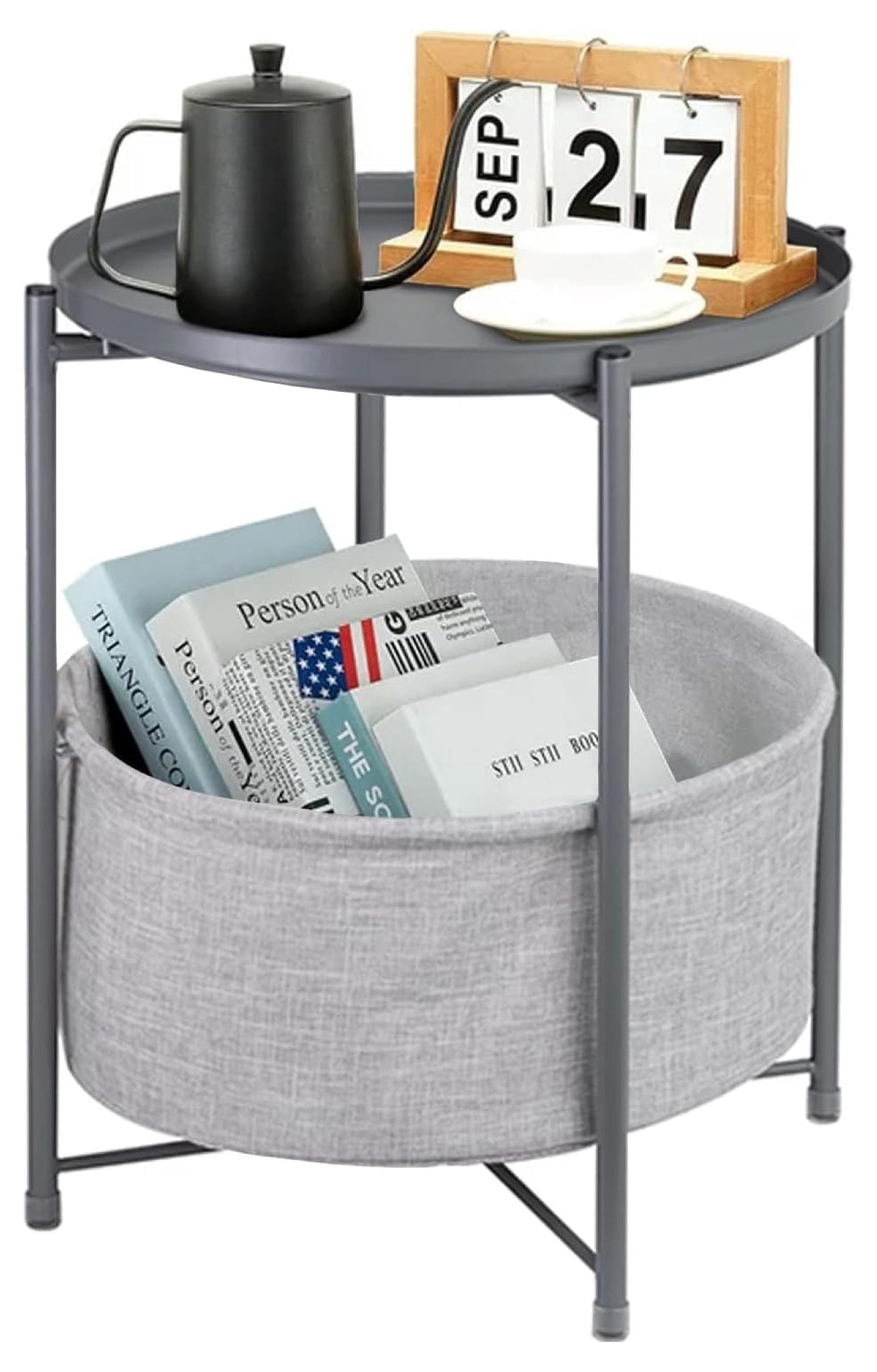 Round End Tables with Storage Basket, Metal Side Table Nightstand Small ...
