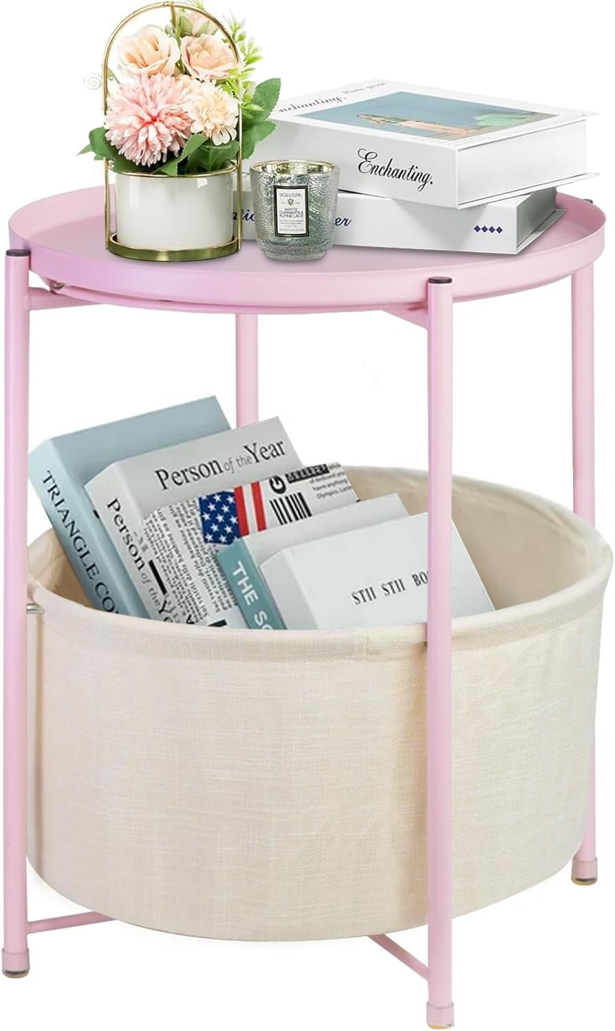 Round End Tables with Storage Basket, Metal Side Table Nightstand Small ...