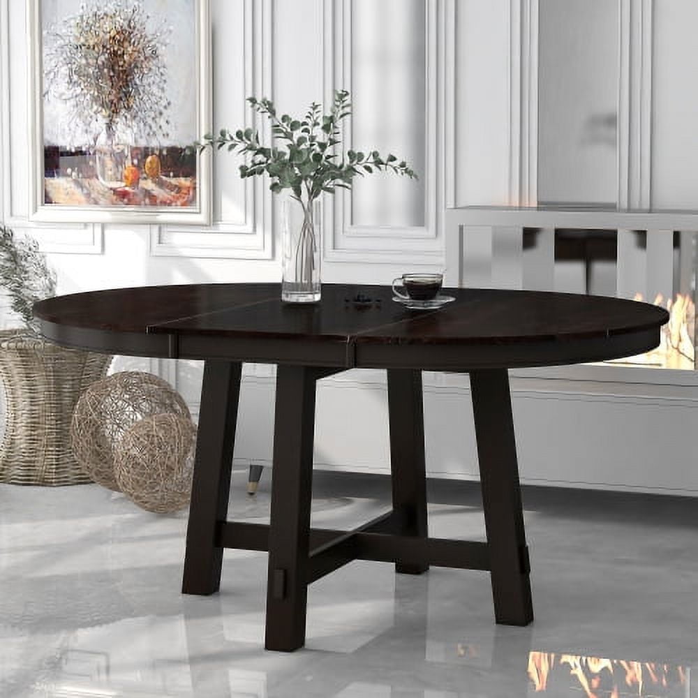 Extendable Round Wood Dining Table, Farmhouse Style for 6, Kitchen ...