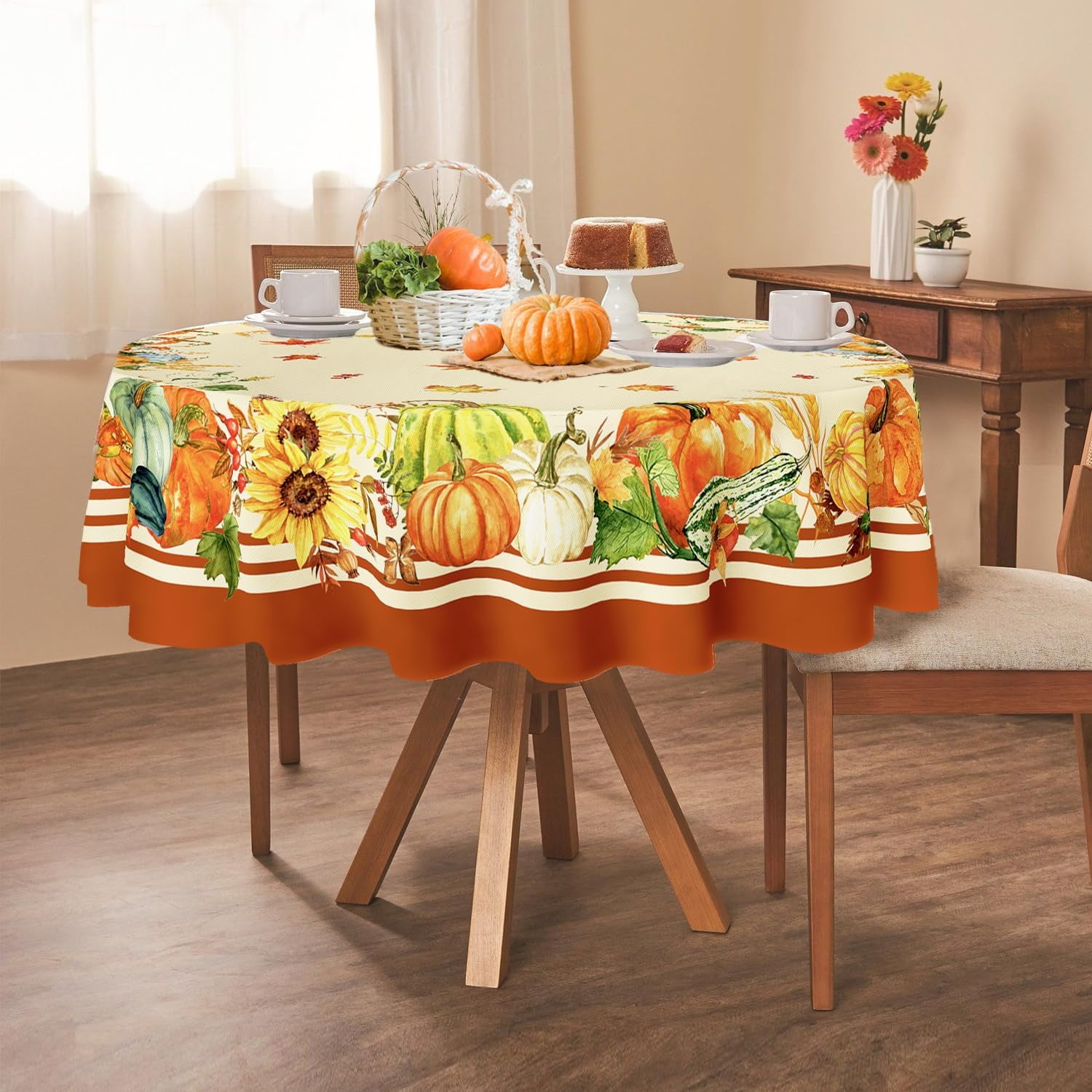 Round Fall Tablecloth,Thanksgiving Autumn Harvest Pumpkin Sunflower ...