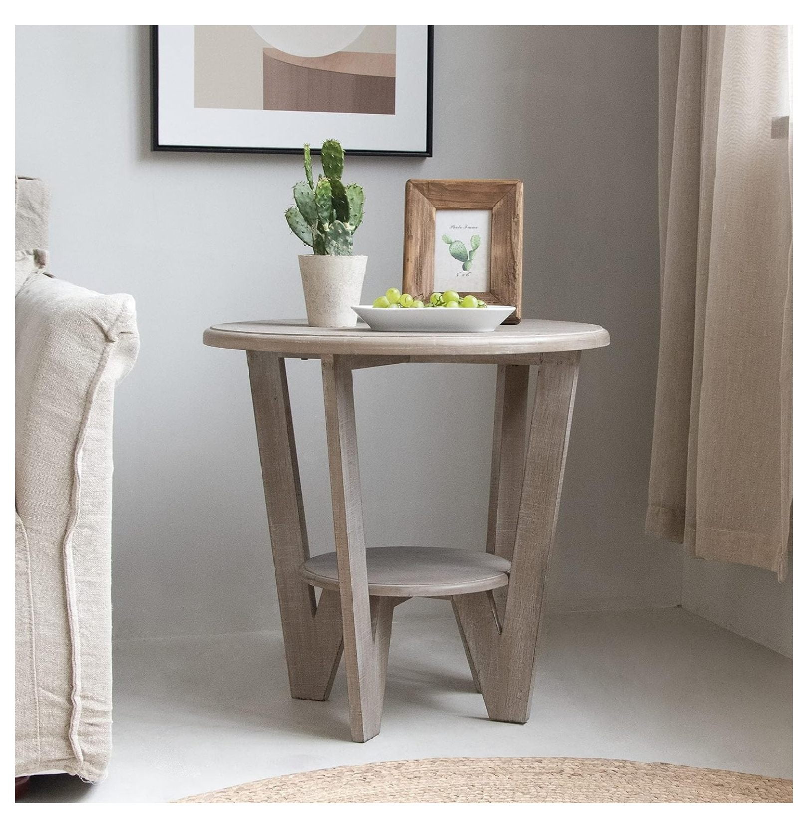 Round Farmhouse End Table with Storage Shelf，French Country Grey Accent ...