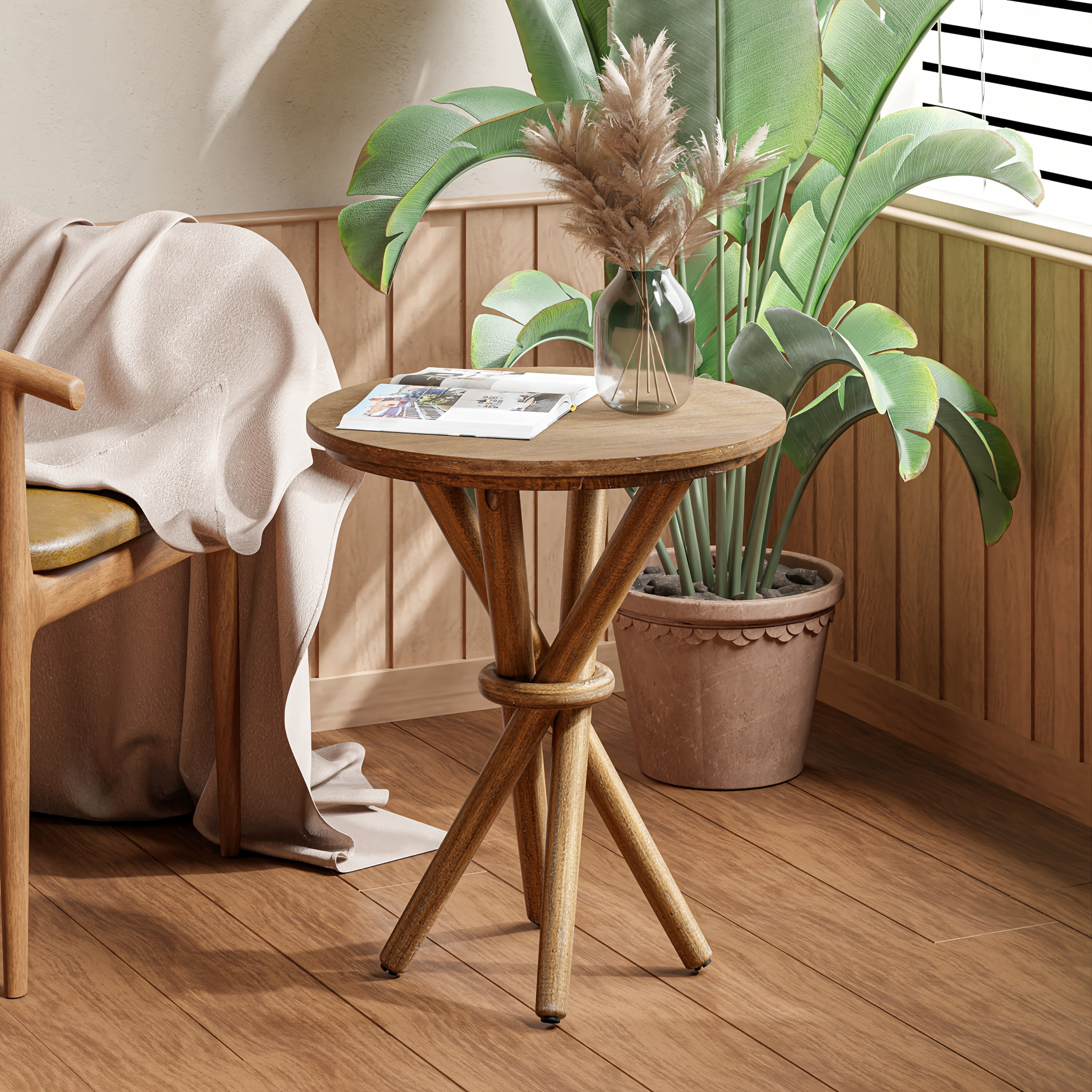 Round Farmhouse Side Table with Storage and Clustered Wood Legs, Walnut ...
