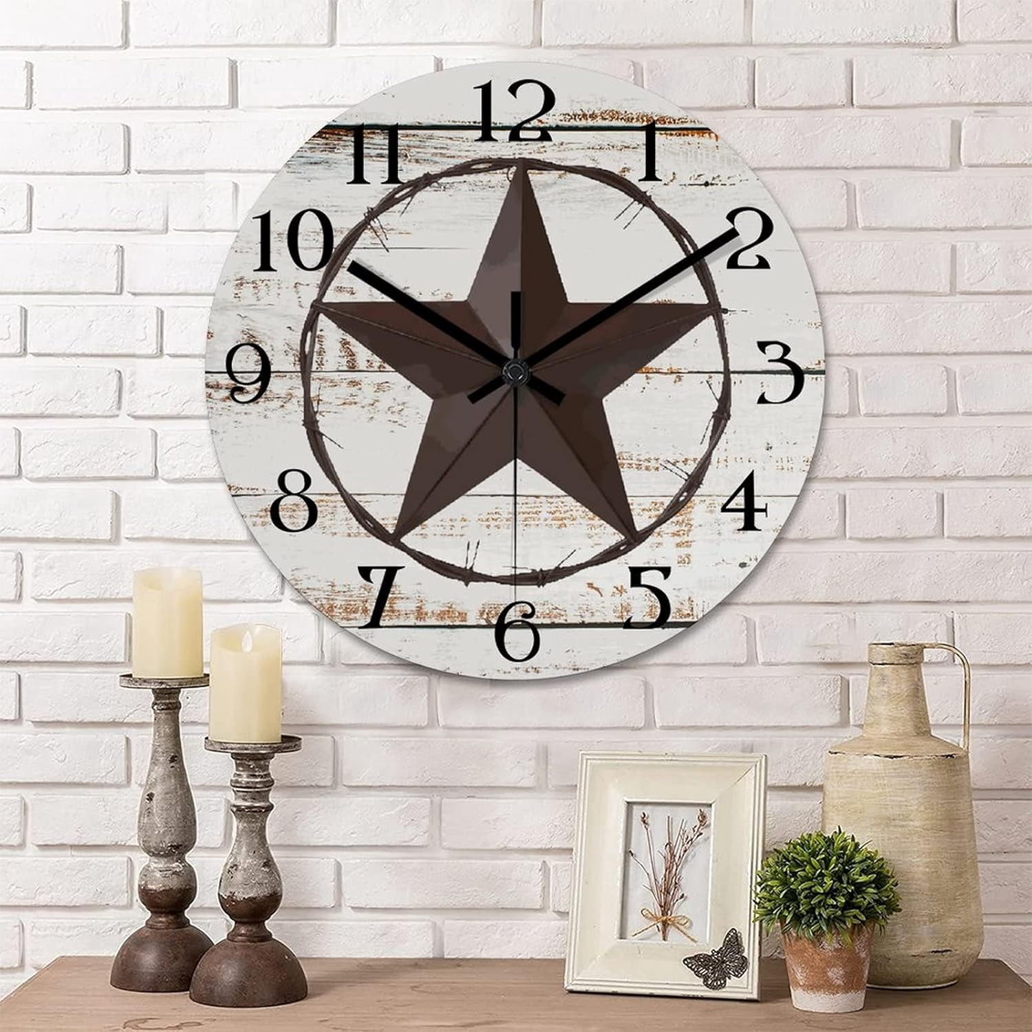 Round Farmhouse Wall Clock Western Texas Star Retro Style Wood Clock ...