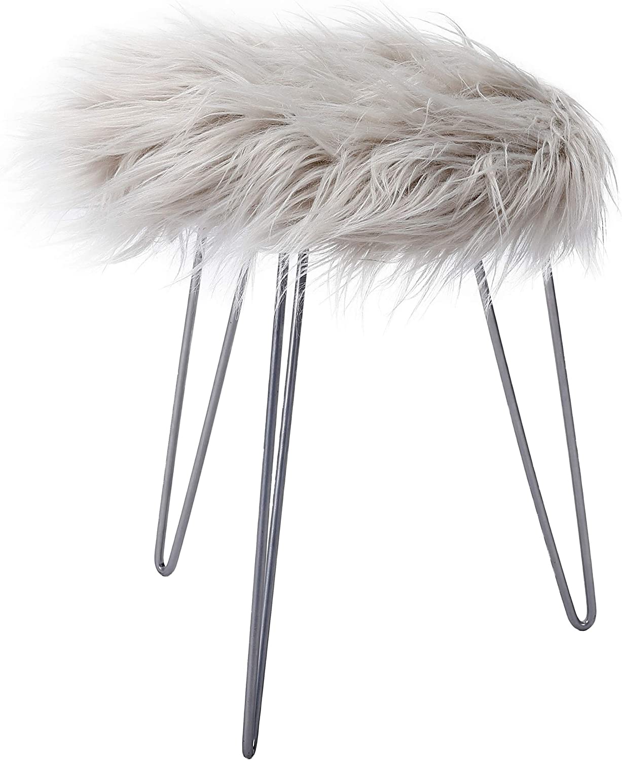 Round Faux Fur Foot Stool - Soft Compact Padded Vanity Seat with Silver ...
