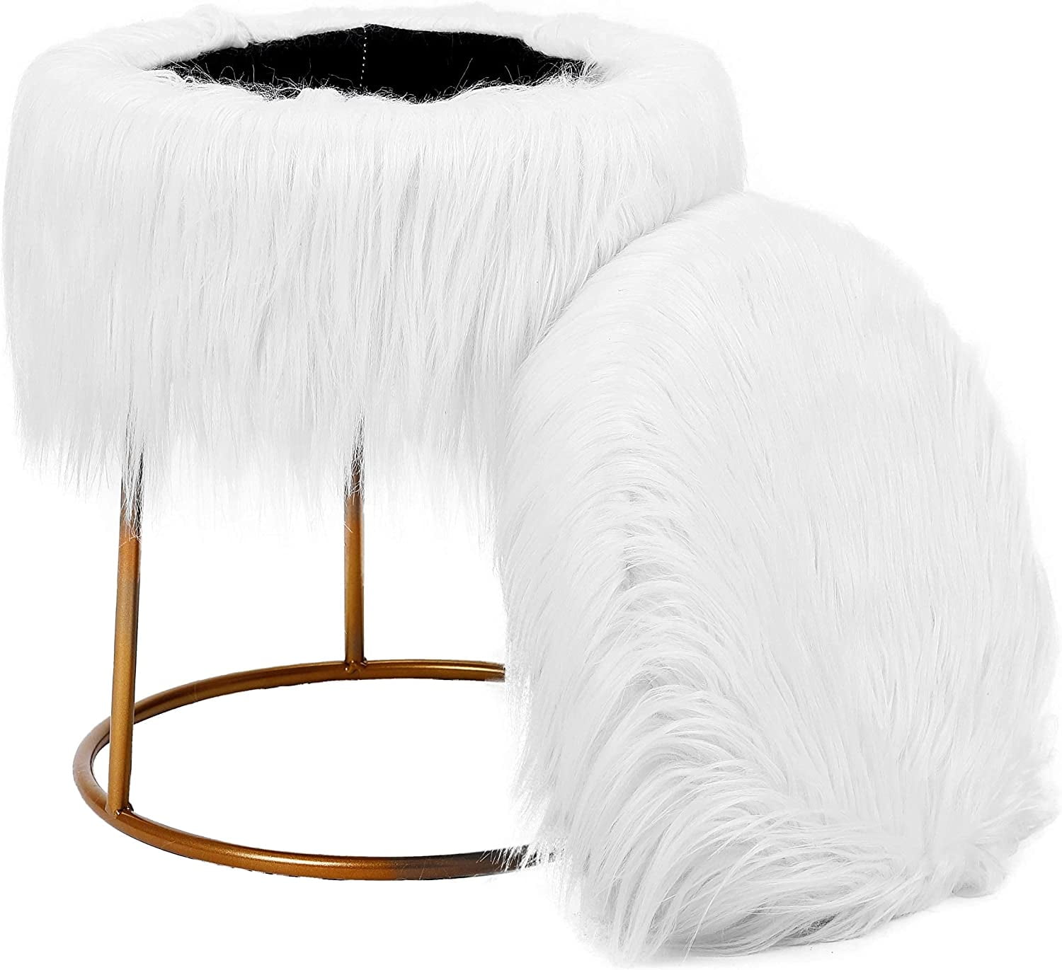 Round Faux Fur Vanity Stool Chair with Storage - Fluffy Makeup Seat ...