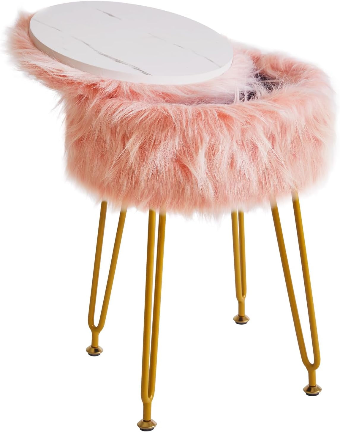 Round Faux Fur Vanity Stool with Storage, Furry Makeup Chair Ottoman ...