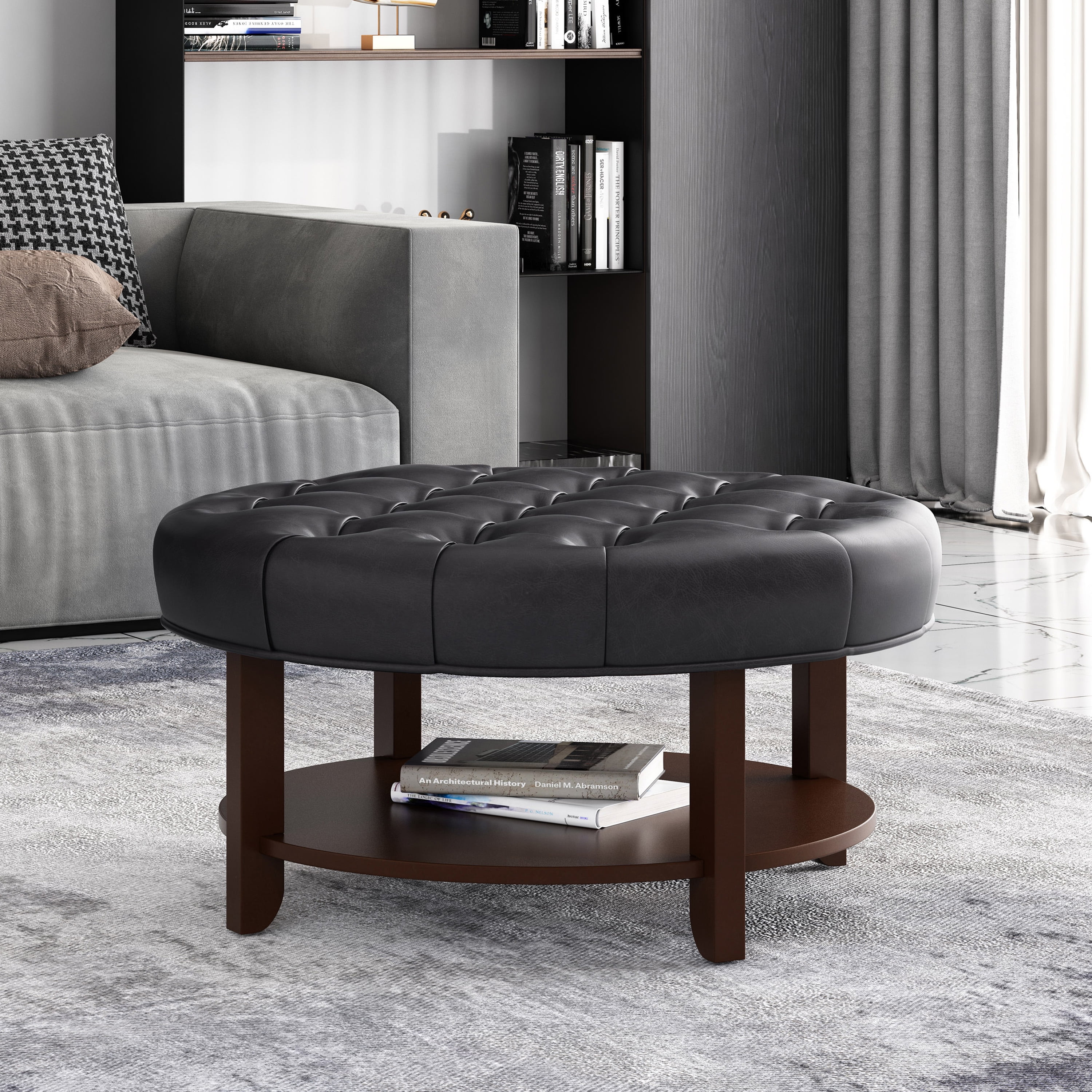 Round Faux Leather Ottoman with Storage Shelf - Contemporary Design for ...
