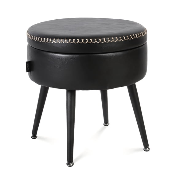 Round Faux Leather Storage Ottoman, Stitched Upholstered Vanity Stool ...