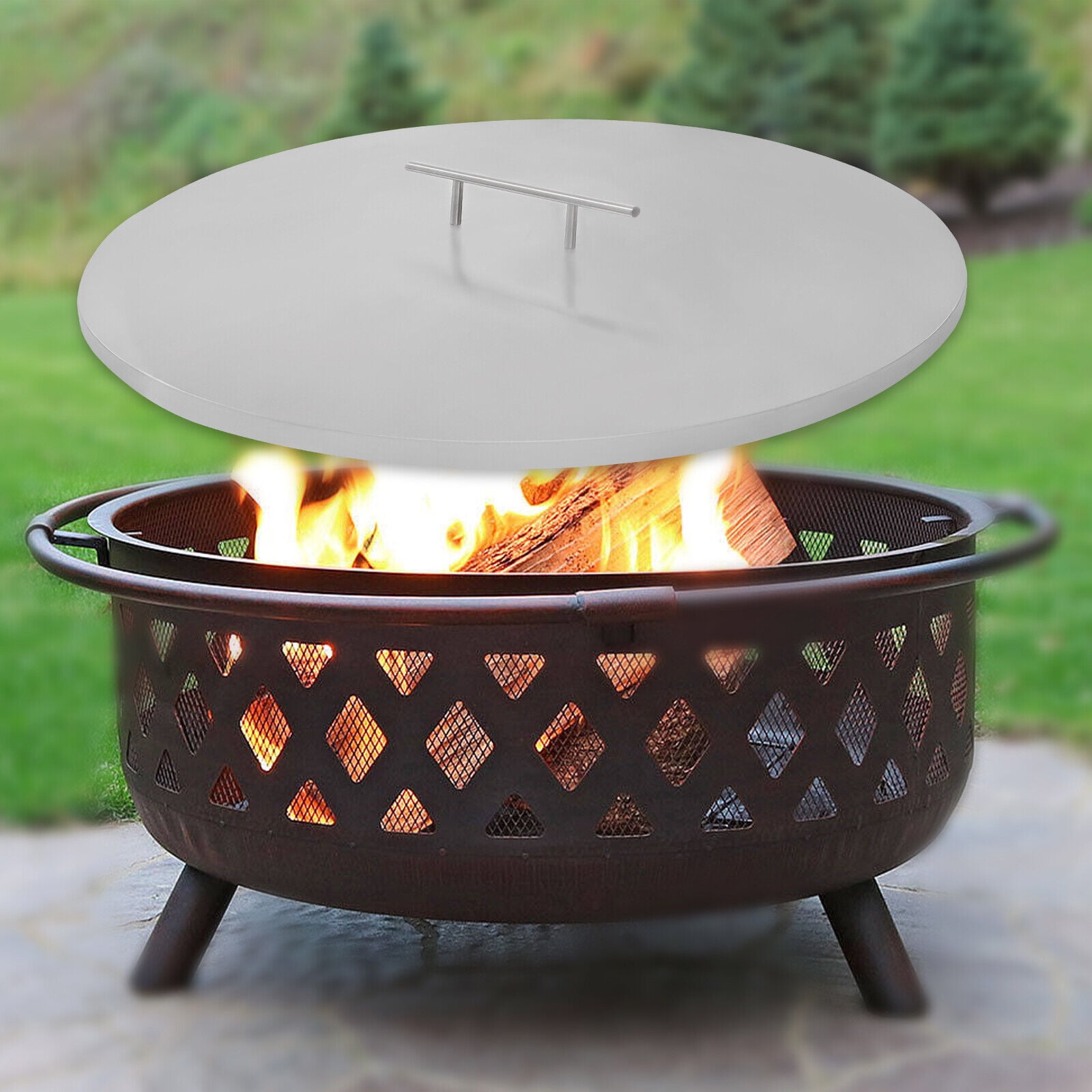 Round Fire Pit Lid Diameter 22 Inch Cover Stainless Steel Burner Pan ...