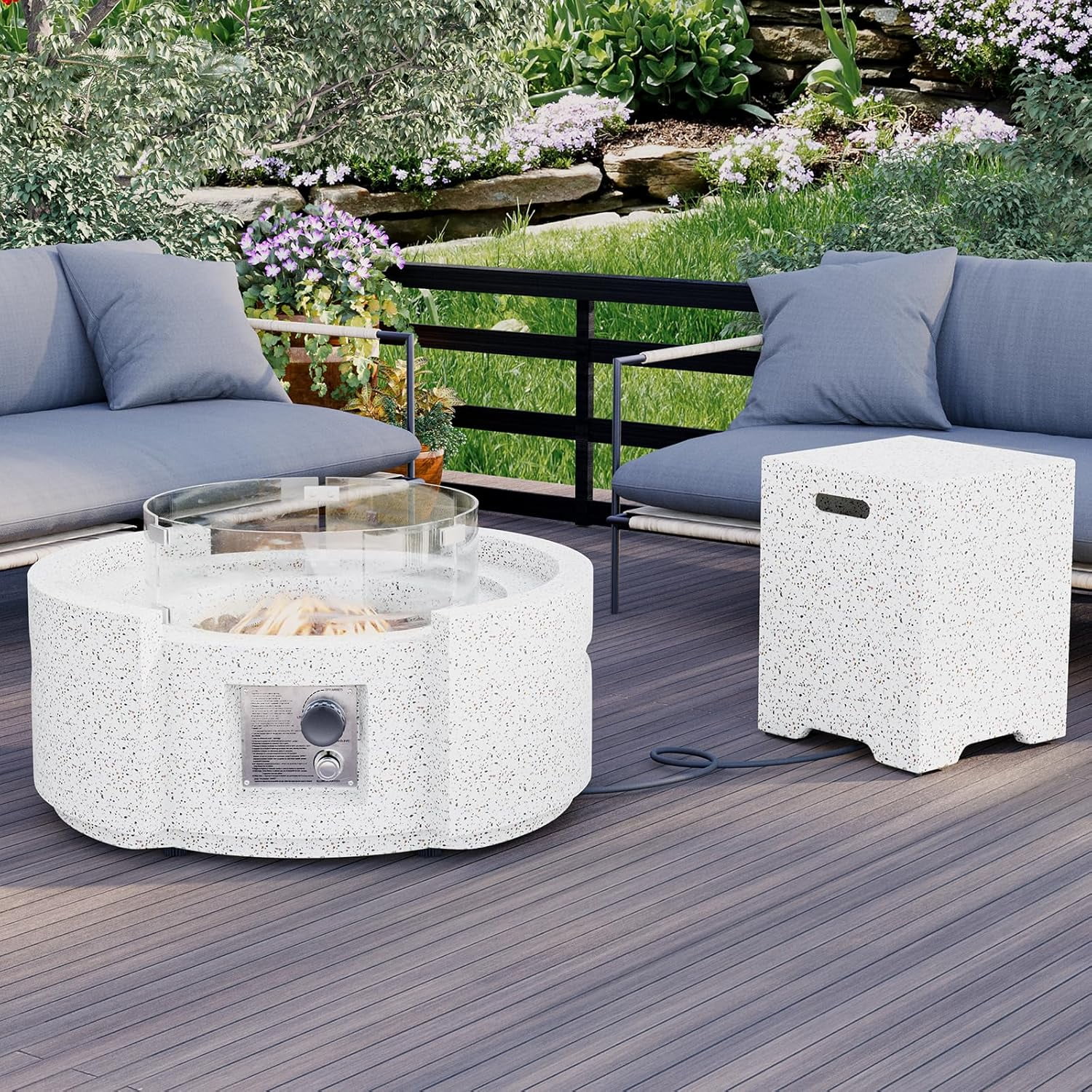 Round Fire Pit Table / Lava Rocks & Rain Cover - Terrazzo Color ...