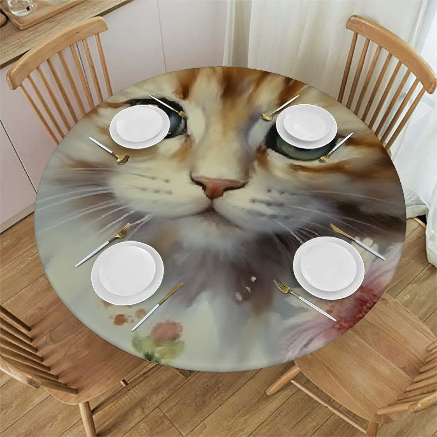 Round Fitted Table Cloth Cute Cat Elastic Tablecloth for Round Tables ...