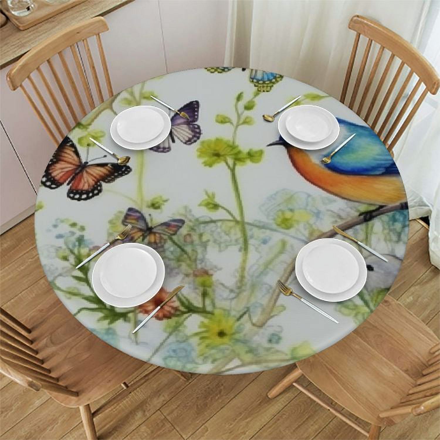 Round Fitted Table Cloth with Elastic Spring Birds Butterfly Round ...