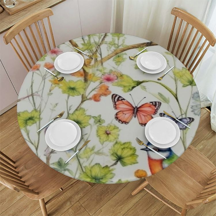 Round Fitted Table Cloth with Elastic Spring Birds Butterfly Round ...