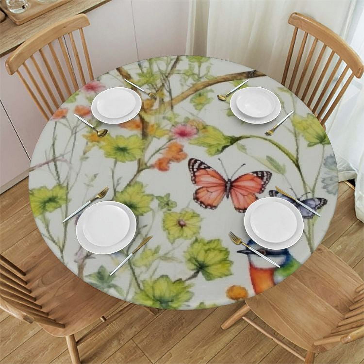 Round Fitted Table Cloth with Elastic Spring Birds Butterfly Round ...