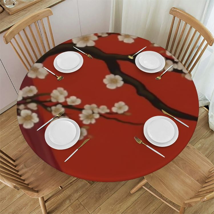 Round Fitted Table Cloth Japanese Flower Elastic Tablecloth for Round ...
