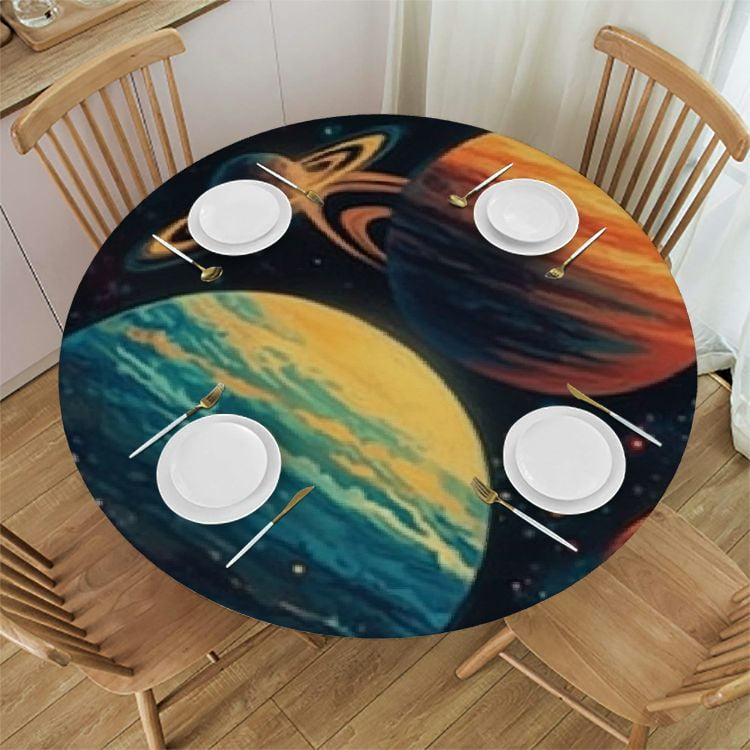 Round Fitted Table Cloth Solar System Elastic Tablecloth for Round ...