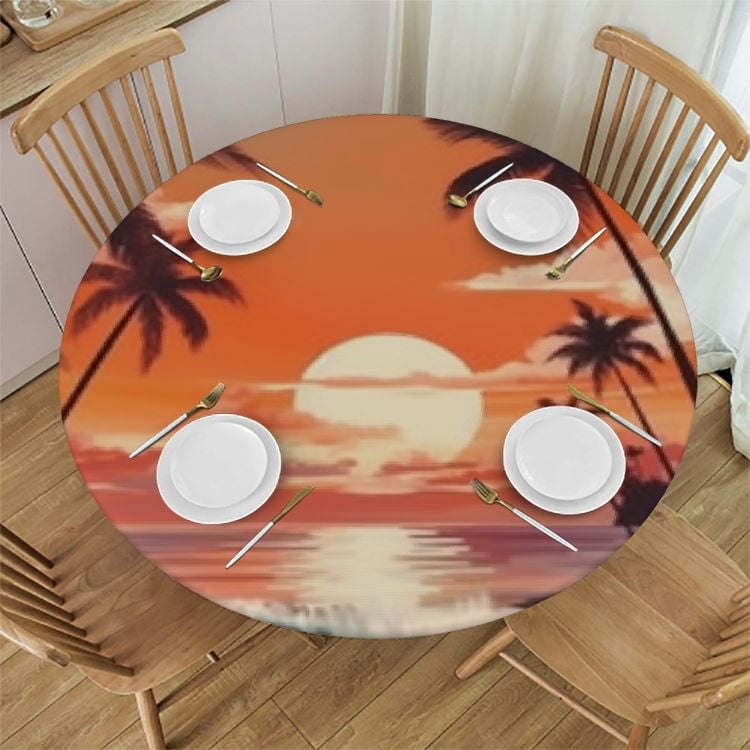 Round Fitted Table Cloth Sunset Sea Beach Elastic Tablecloth for Round ...