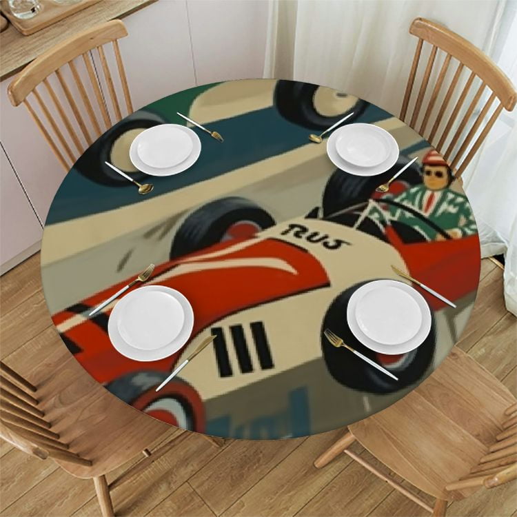 Round Fitted Table Cloth vintage race car Elastic Tablecloth for Round ...