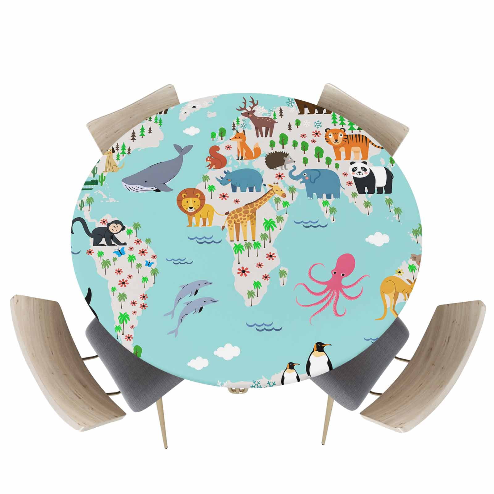 Round Fitted Tablecloth,Abstract Map Cartoon Animals Circle Table Cover ...