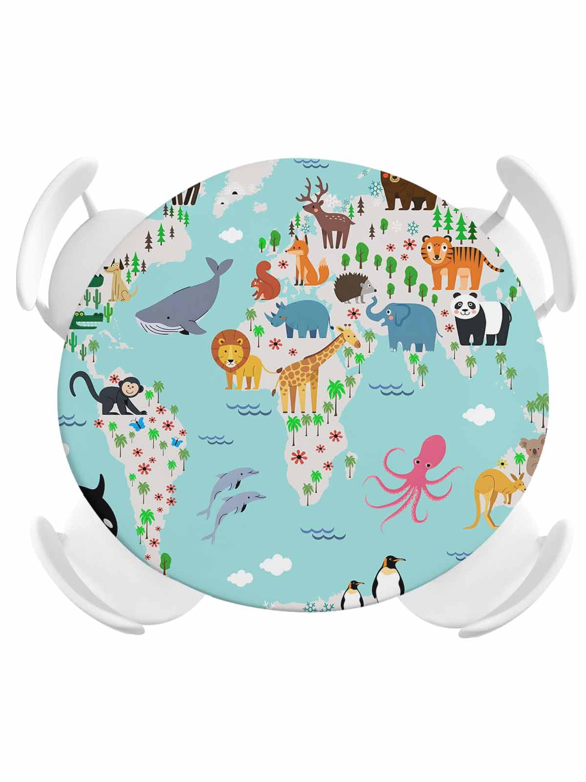 Round Fitted Tablecloth,Abstract Map Cartoon Animals Circle Table Cover ...