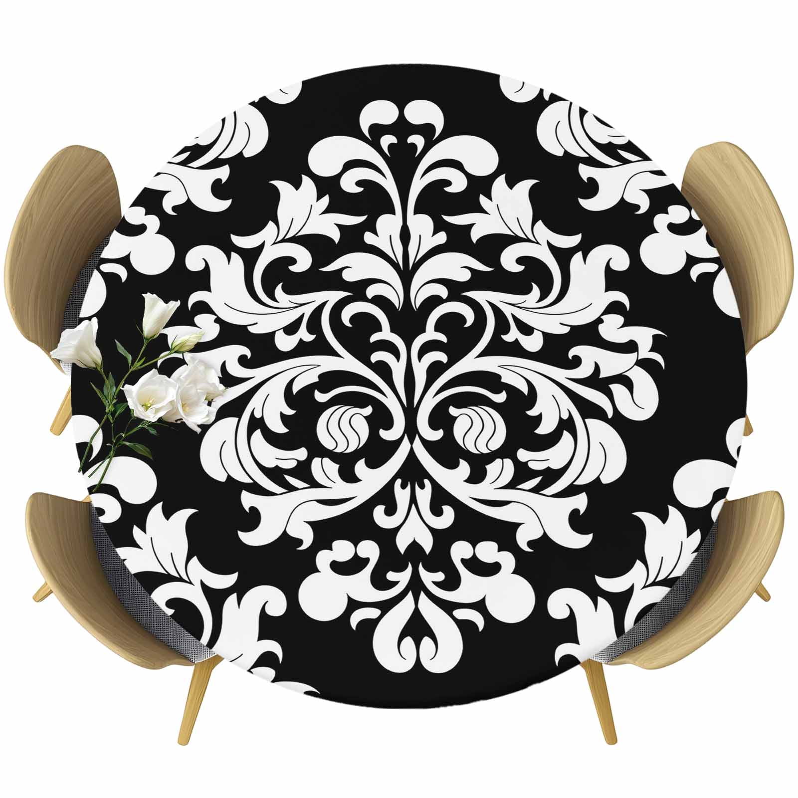 Round Fitted Tablecloth,Aesthetic Boho Black White Floral Circle Table ...