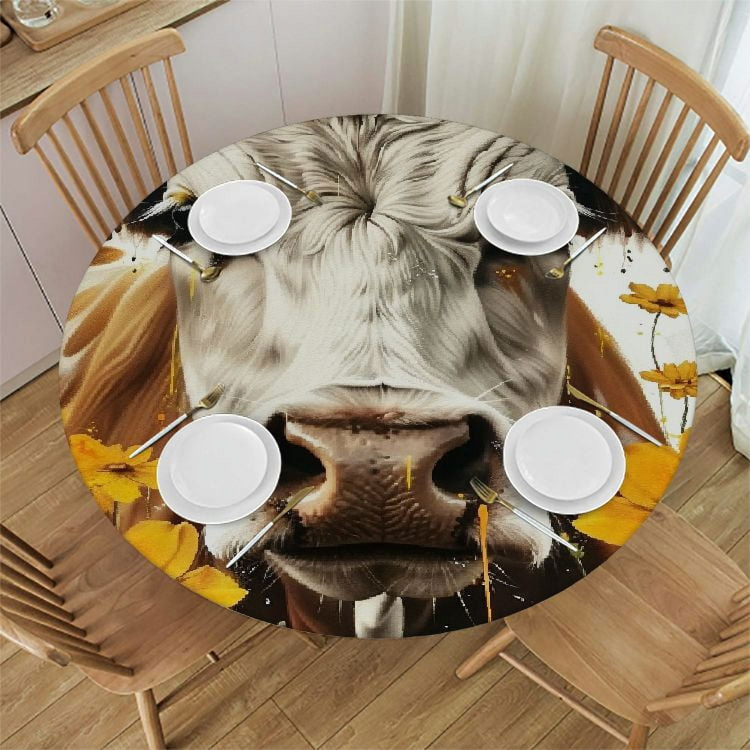 Round Fitted Tablecloth Art Sunflower Animal Print Table Cloth with ...