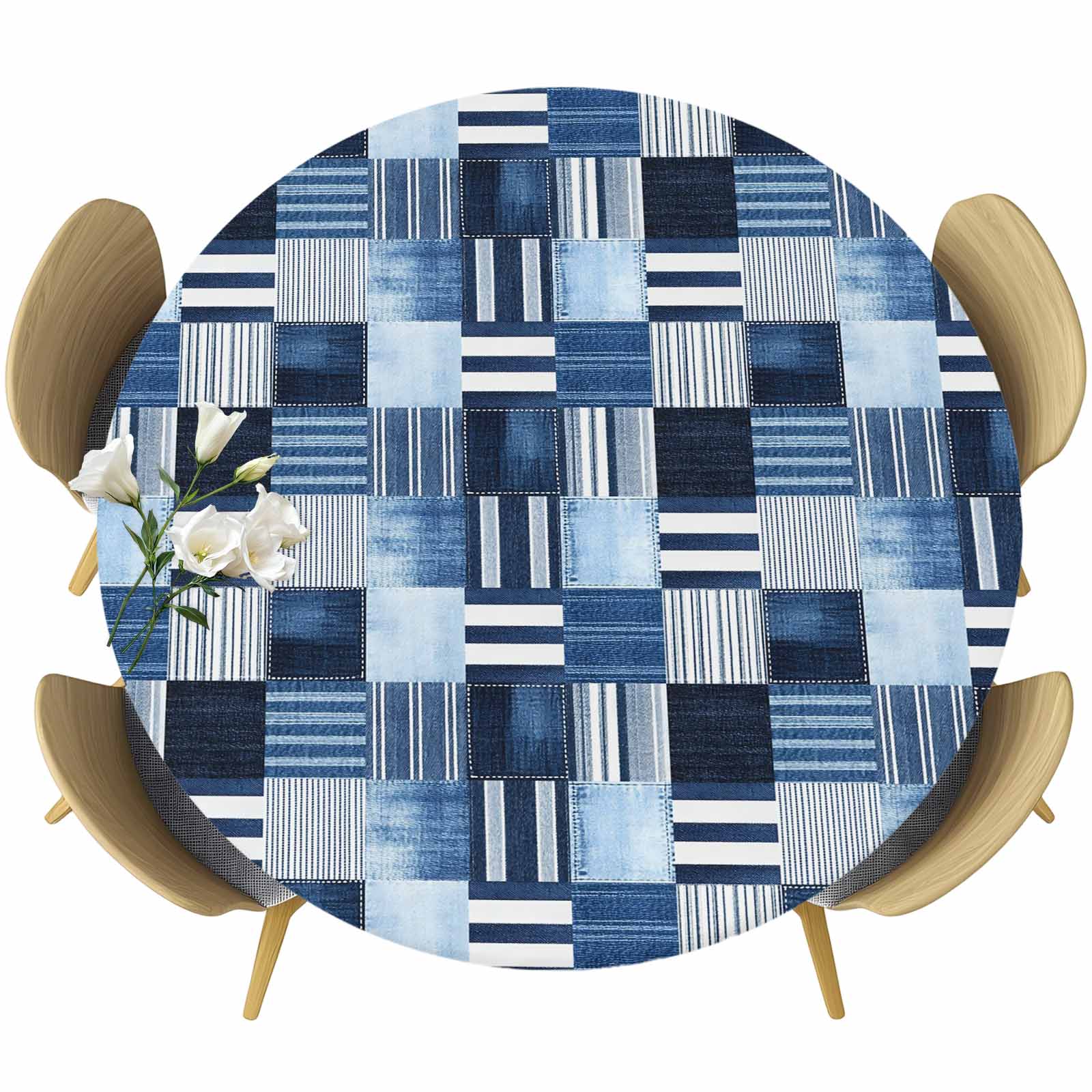 Round Fitted Tablecloth,Blue Stripe Plaid Gingham Check Circle Table ...