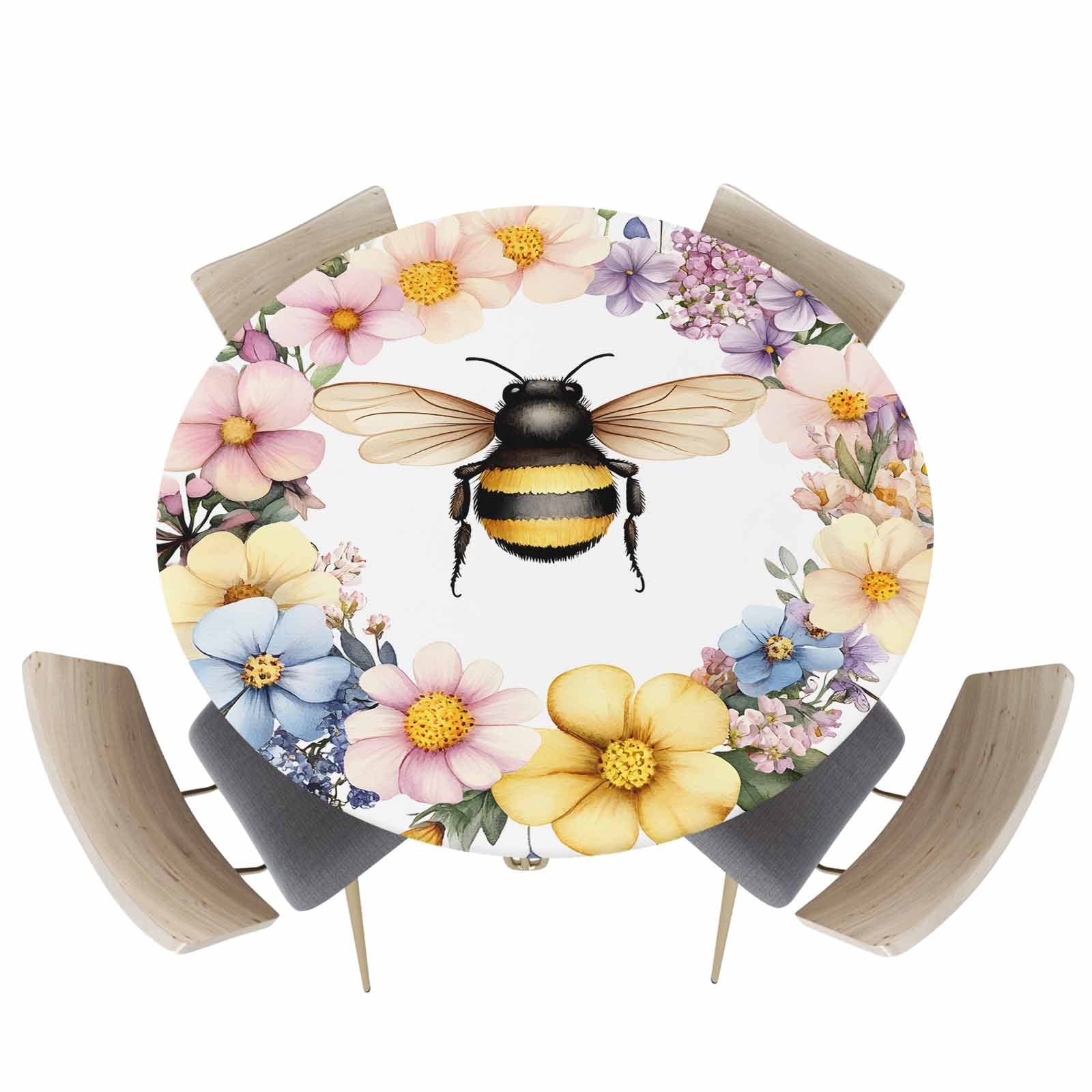 Round Fitted Tablecloth,Colorful Flower Wreath Bee Circle Table Cover ...