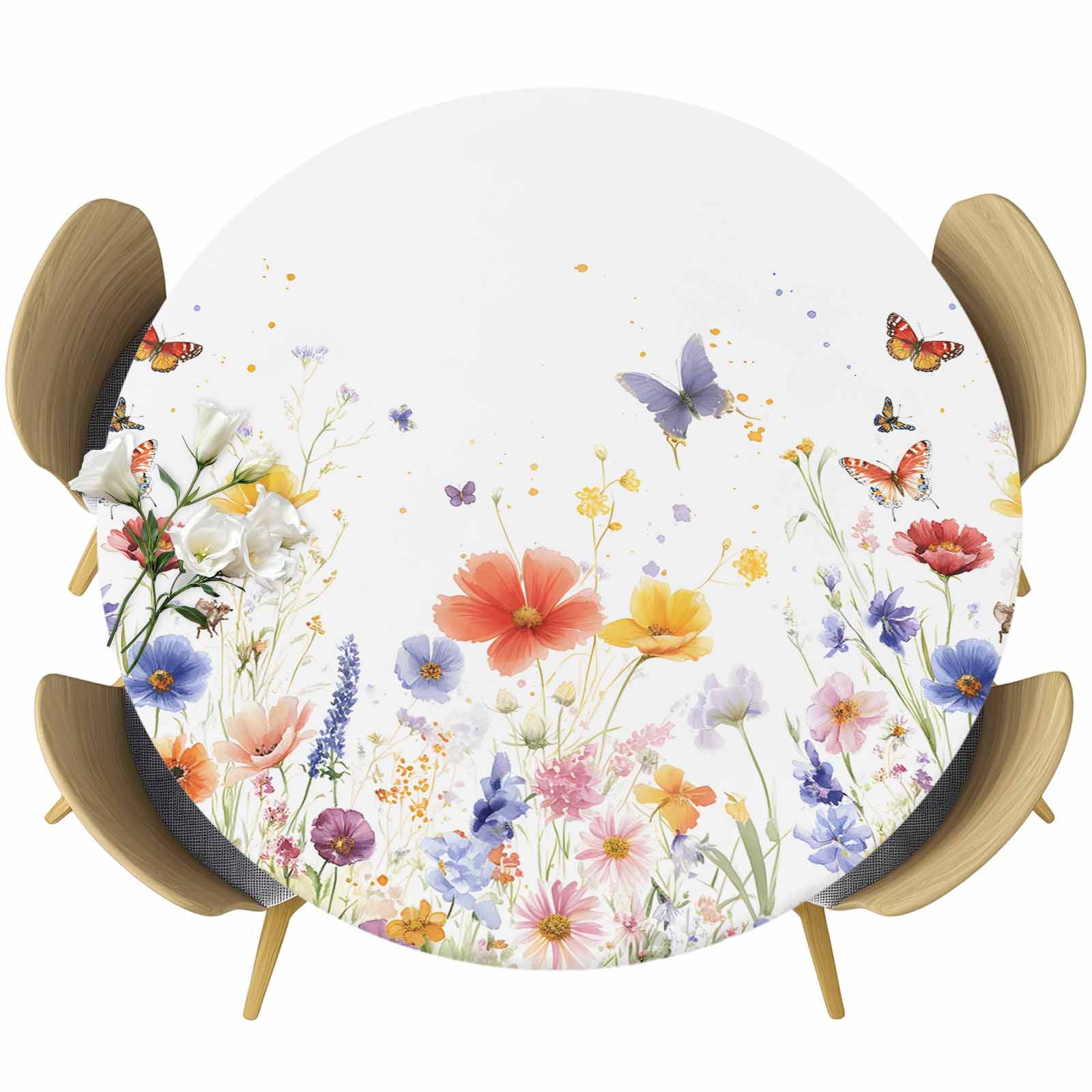 Round Fitted Tablecloth,Colorful Flowers Spring Butterfly Circle Table Cover Waterproof Table ...