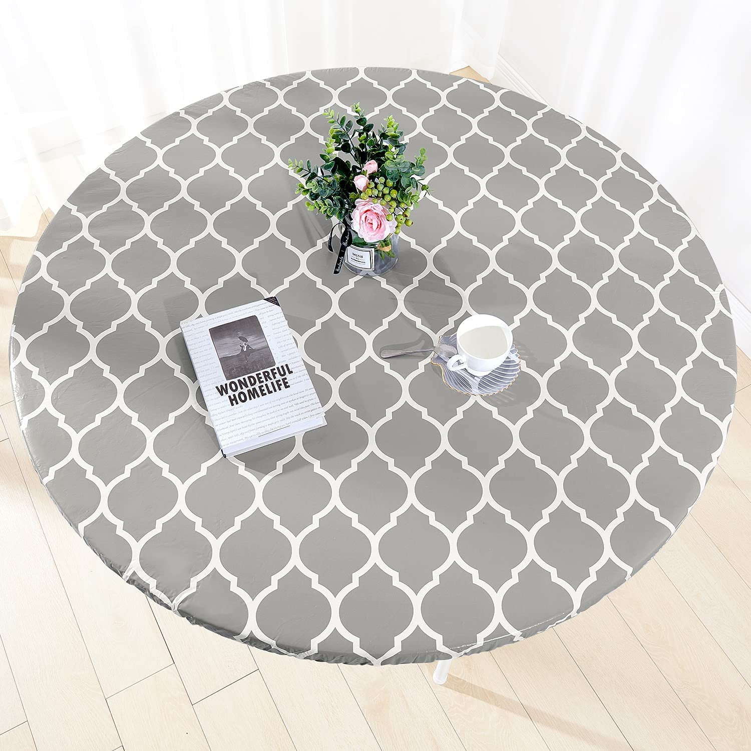 Round Fitted Tablecloth Cover, Black Moroccan Design, Waterproof ...