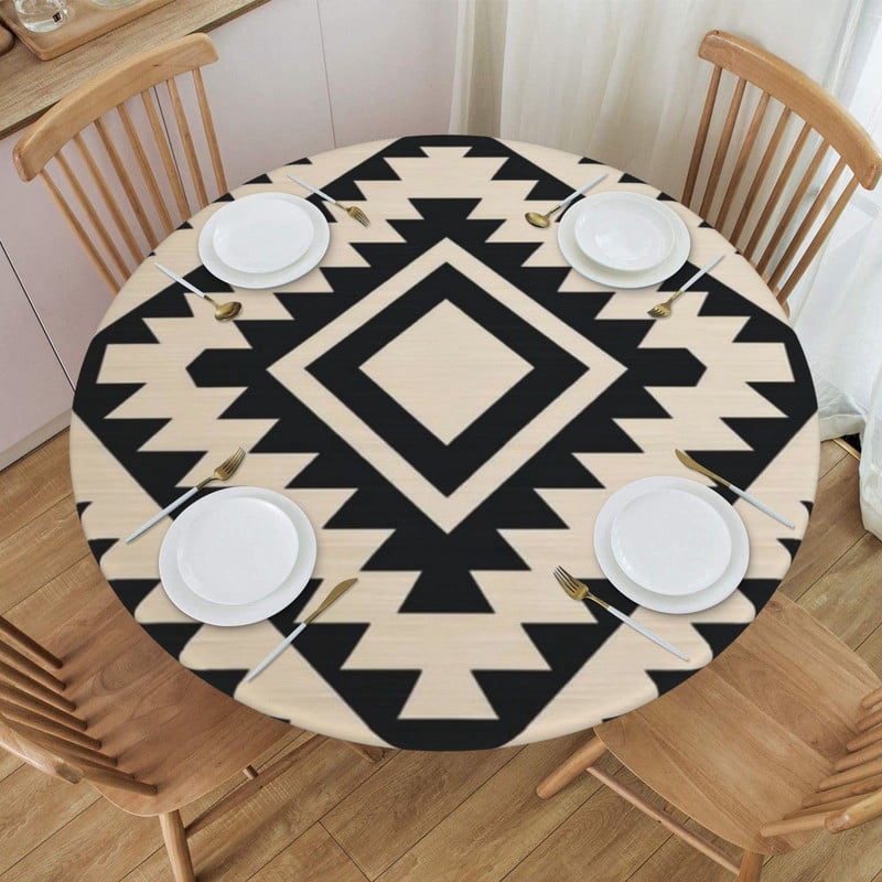 Round Fitted Tablecloth with Elastic Black and White Geometric Fitted ...