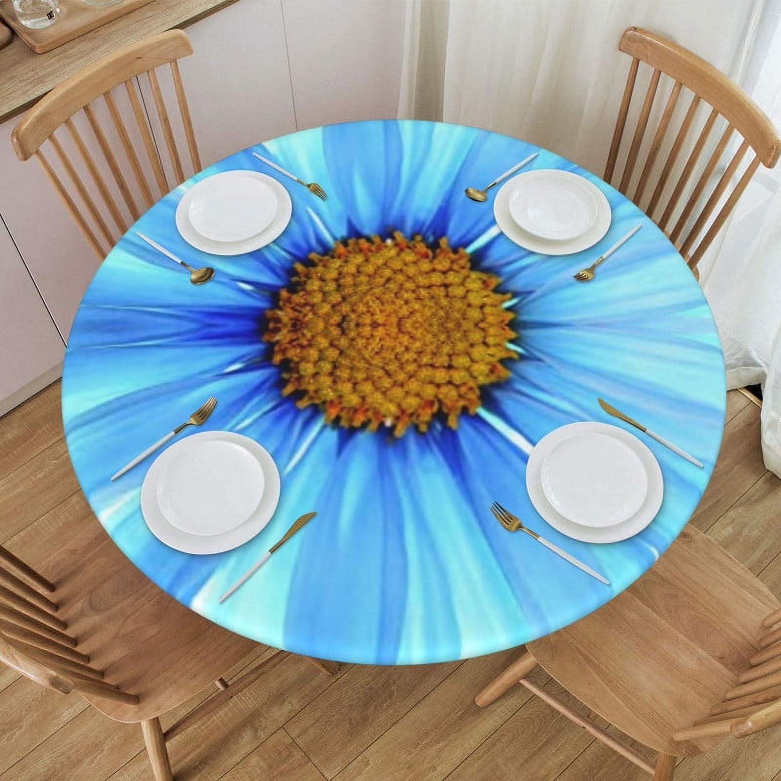 Round Fitted Tablecloth with Elastic Blue Daisy Bright Flowers Round ...