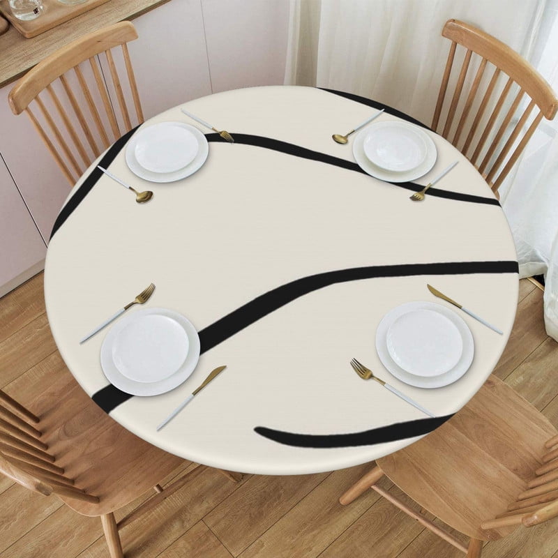 Round Fitted Tablecloth with Elastic Boho Geometric Black and Beige ...