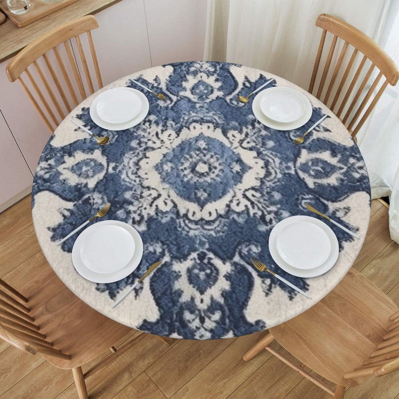 Round Fitted Tablecloth with Elastic Classical Navy Blue Damask Fitted ...