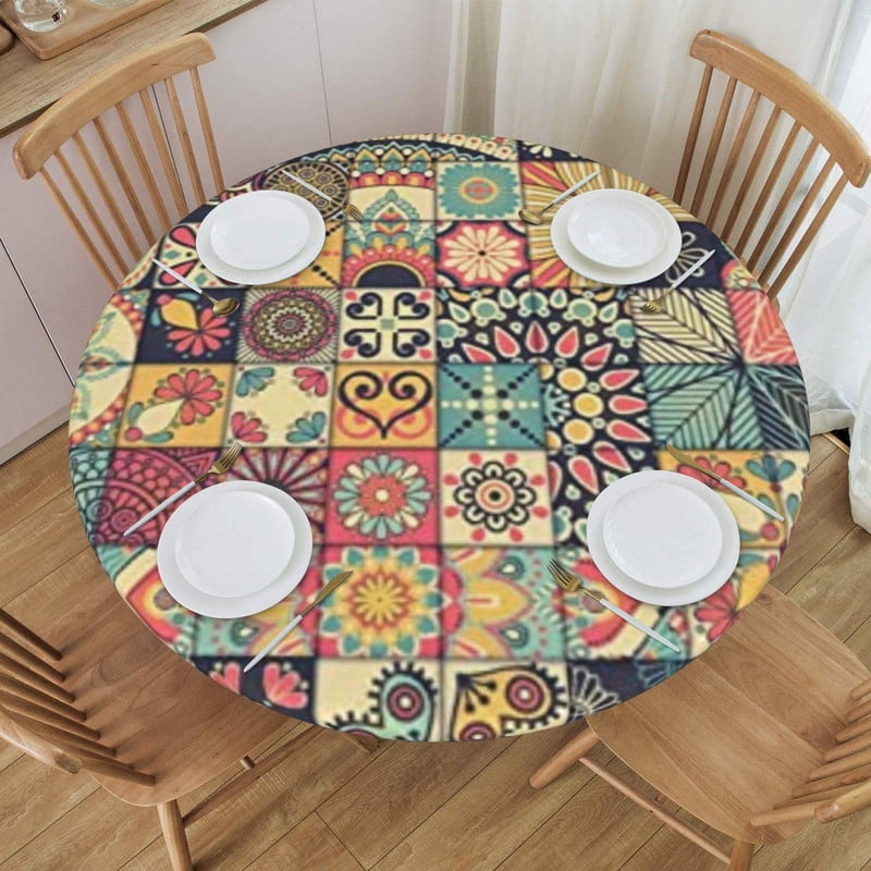 Round Fitted Tablecloth with Elastic Colorful Mosaic Round Outdoor ...