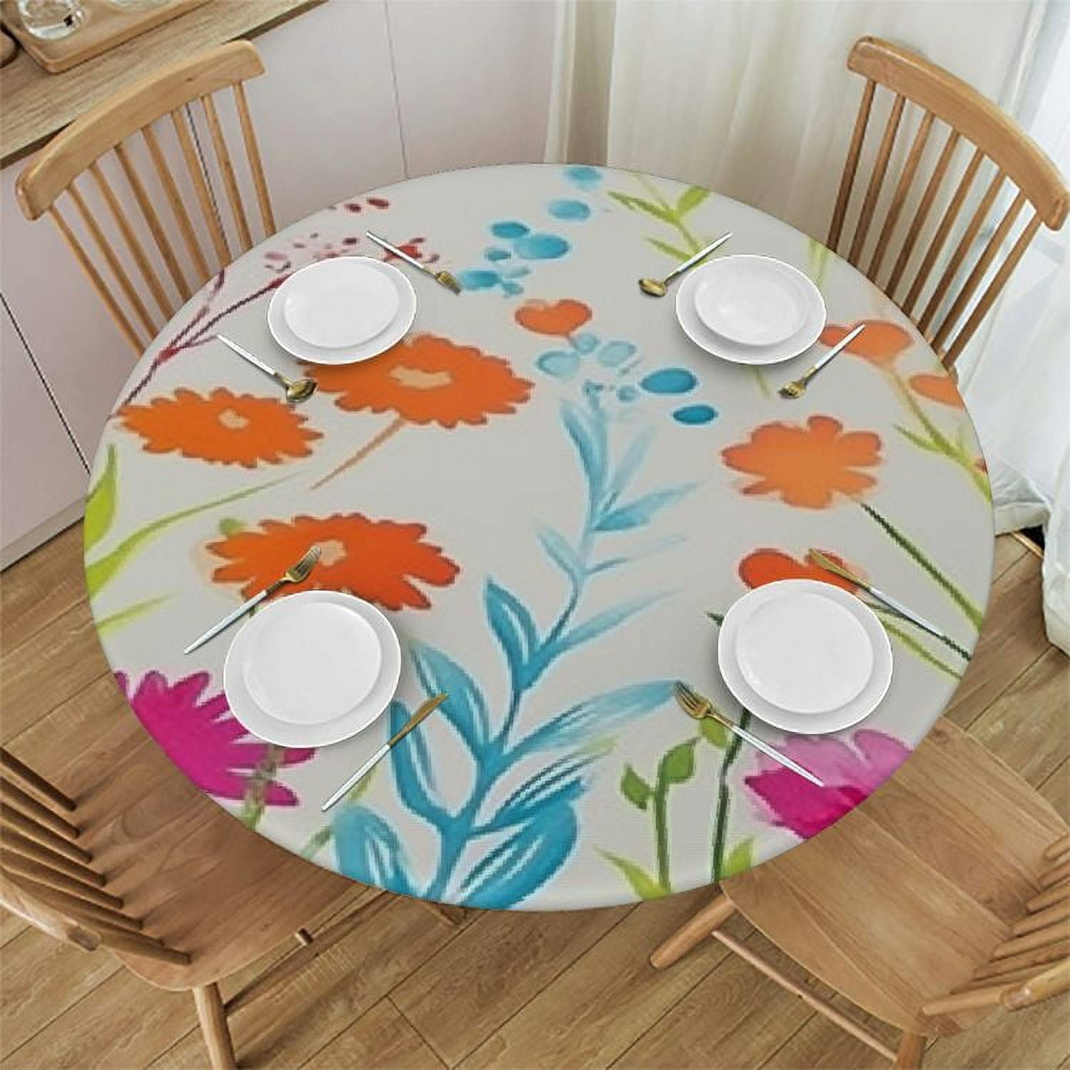 Round Fitted Tablecloth with Elastic Edge, 100% Waterproof Oil Proof ...