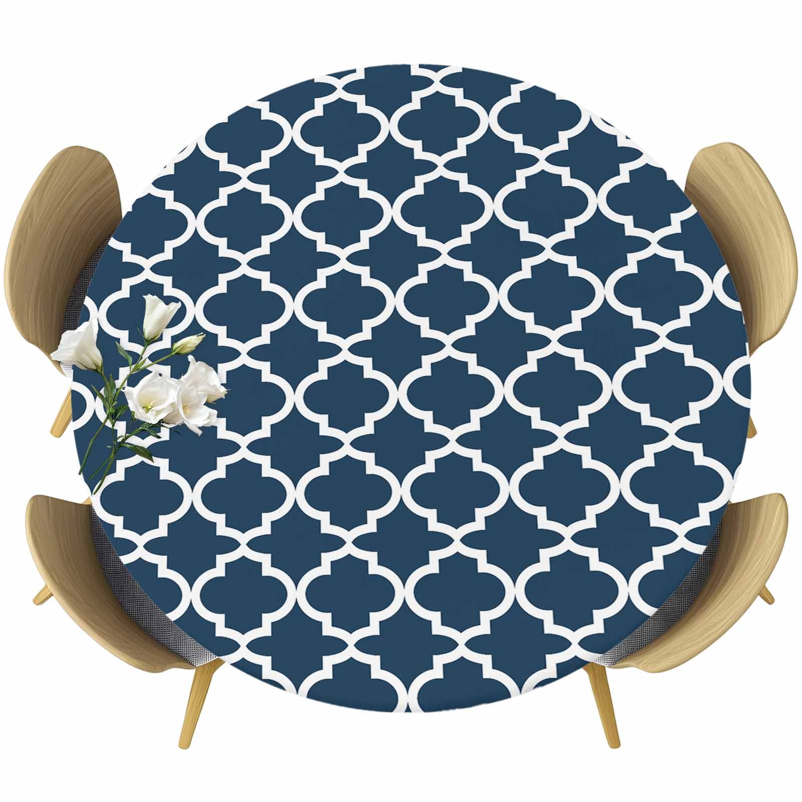 Round Fitted Tablecloth with Elastic Edge, Navy Blue Morocco Fitted ...