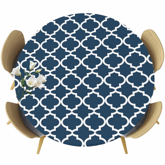 Round Fitted Tablecloth with Elastic Edge, Navy Blue Morocco Fitted ...
