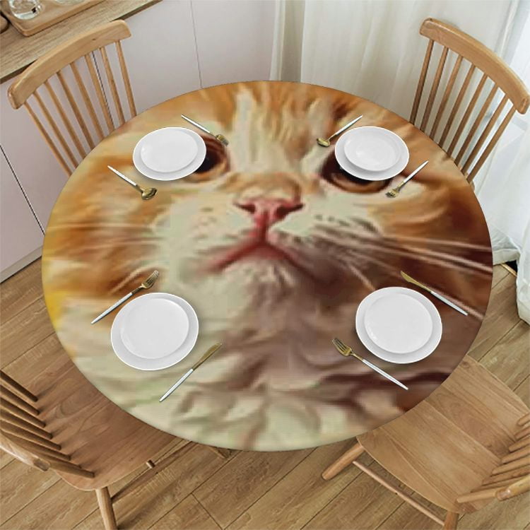 Round Fitted Tablecloth with Elastic Edge, Watercolor Cute Cat Round ...