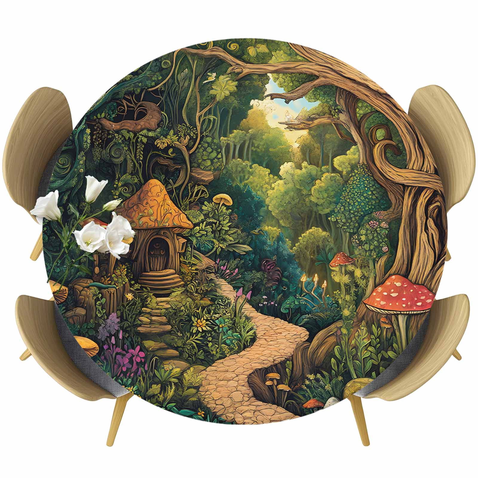Round Fitted Tablecloth with Elastic Edge, Wild Cottage Forest Mushroom ...