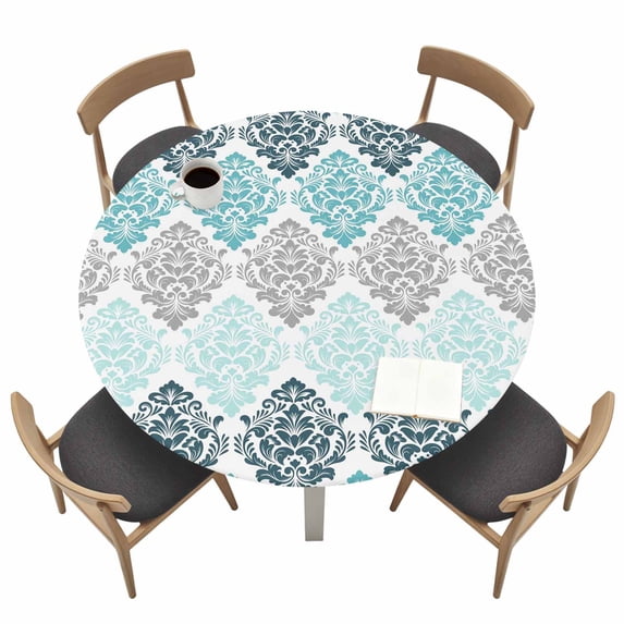 Round Fitted Tablecloth with Elastic Floral Damask Pattern Tablecloths ...