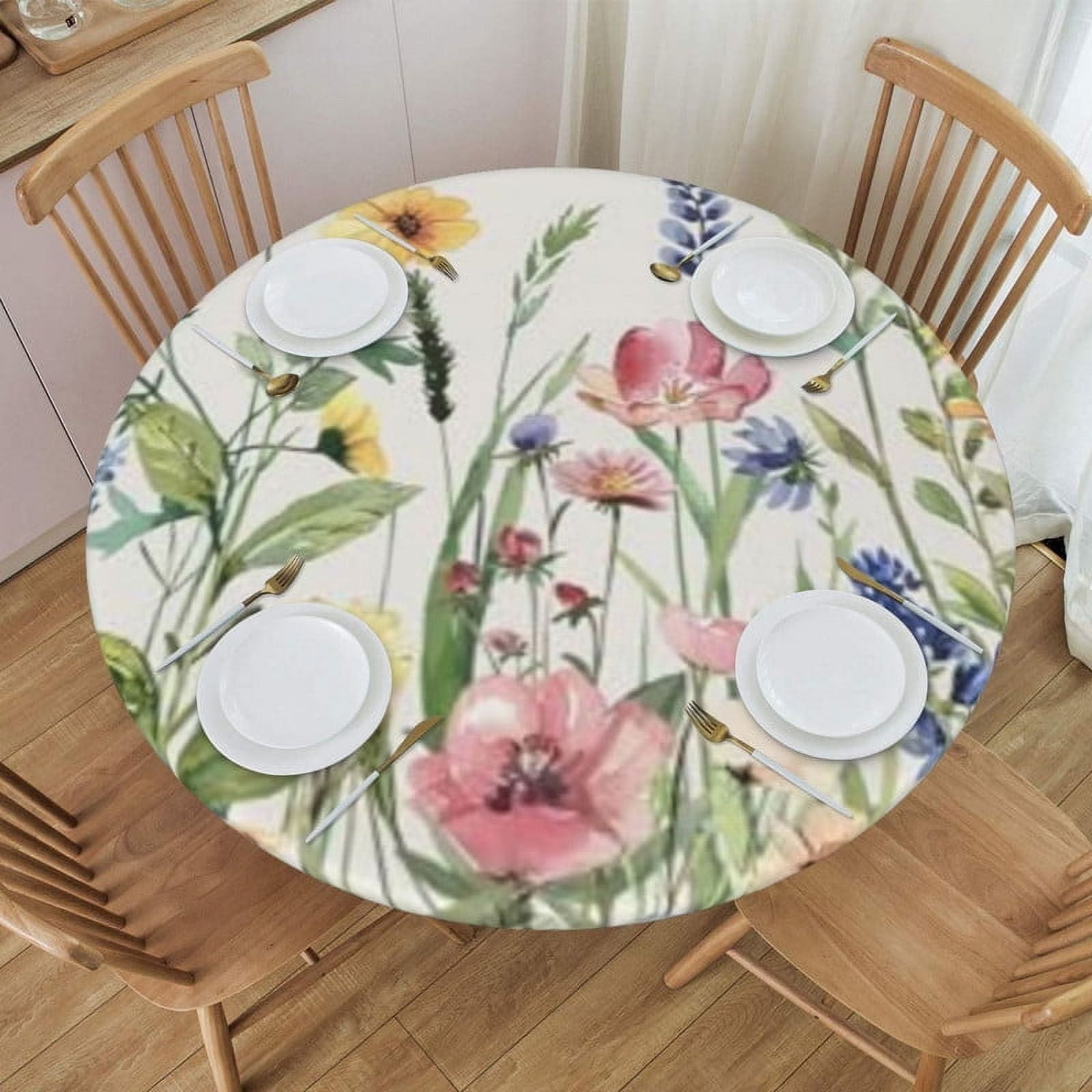 Round Fitted Tablecloth with Elastic Flowers Plants Cute Floral Round ...