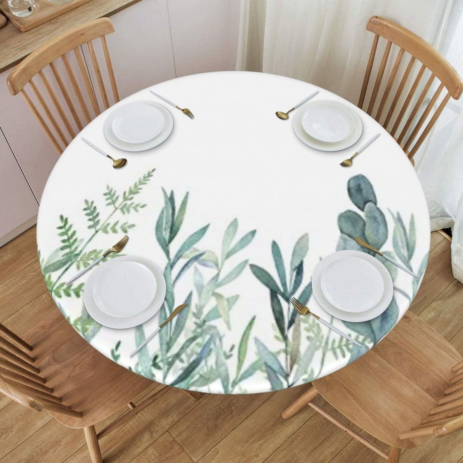 Round Fitted Tablecloth with Elastic Green Grass Leaves Round Outdoor ...
